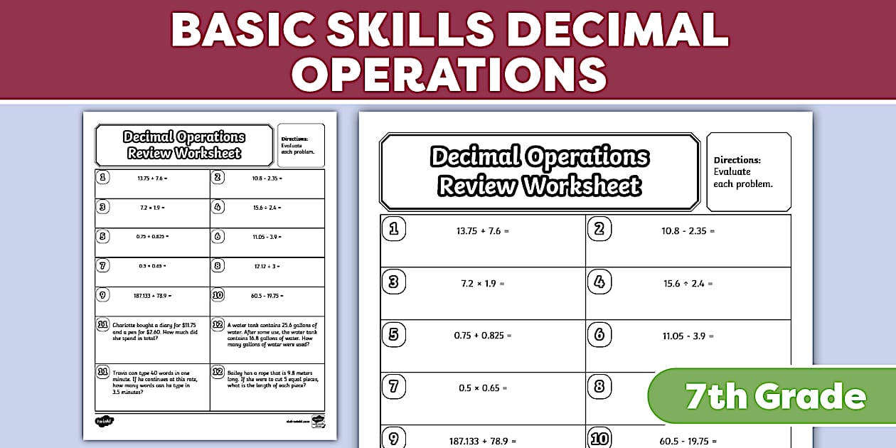 Math Basic Skills Decimal Operations Review Worksheet