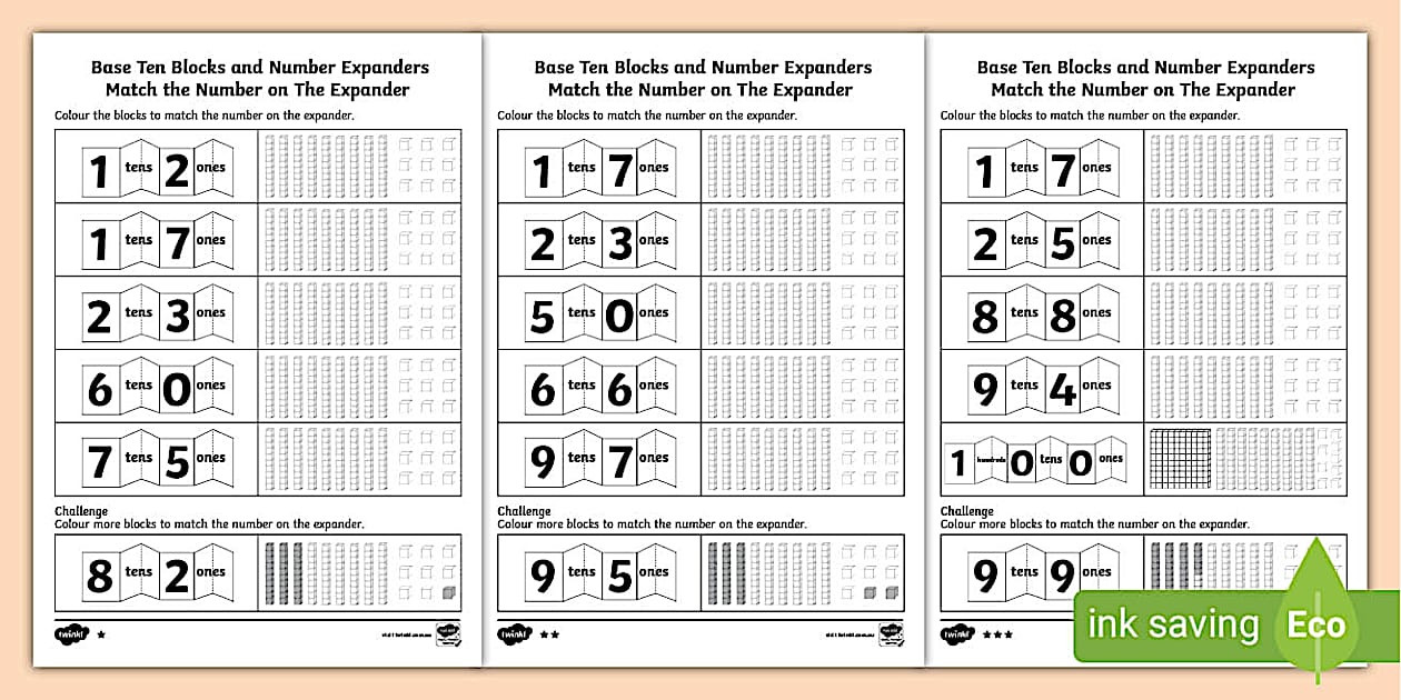 Colour the Base Ten Blocks and Number Expanders Differentiated Worksheets