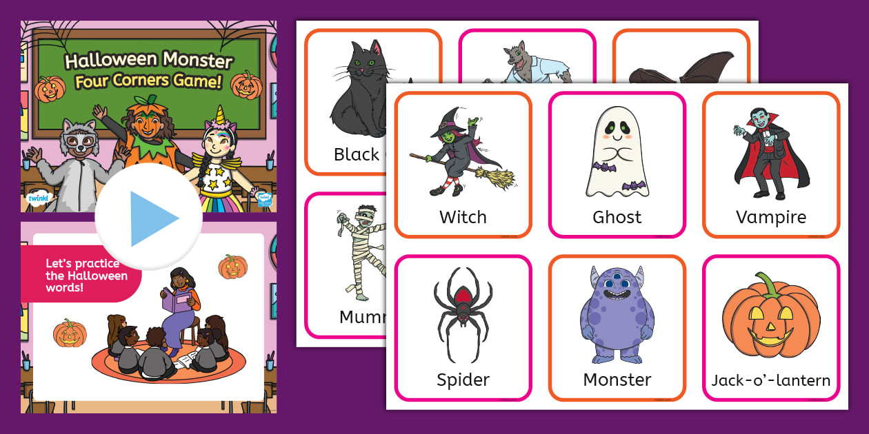 楽しいハロウィンの英語ゲーム「フォー・コーナー」パワーポイントとプリント Halloween Monster Four Corners English
