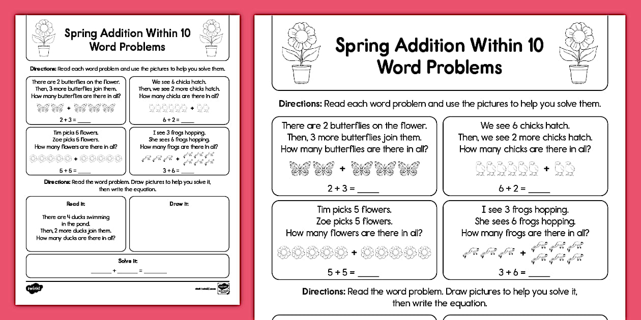 Kindergarten Spring Addition Within 10 Word Problems Worksheet
