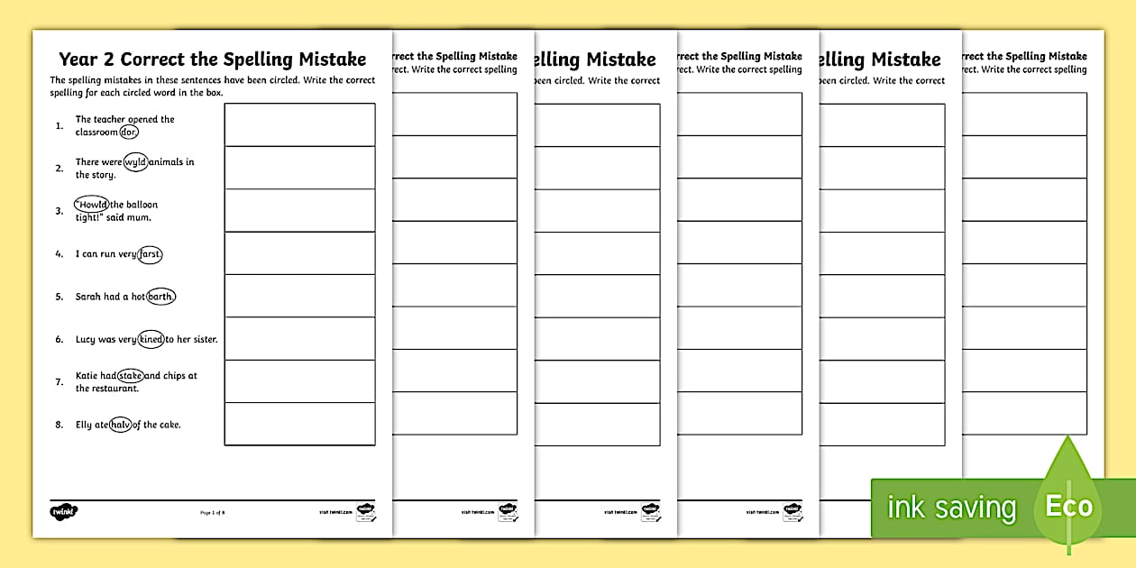 Editable Year 2 Correct the Spelling Mistake Worksheets