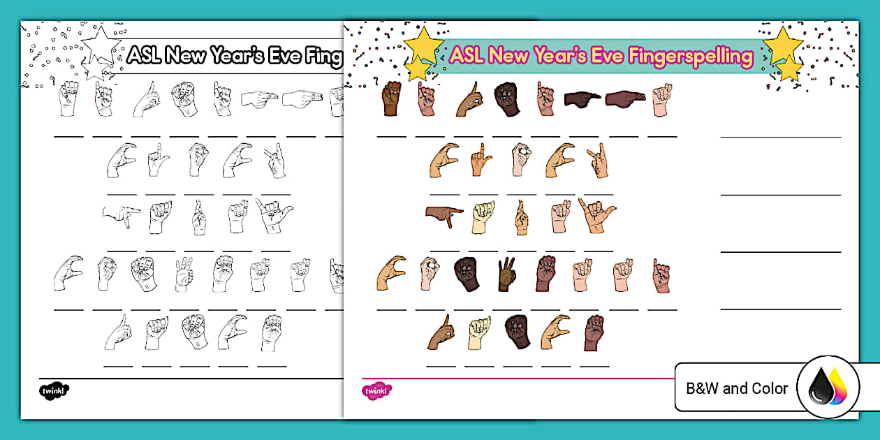 ASL New Year's Eve Fingerspelling Worksheet