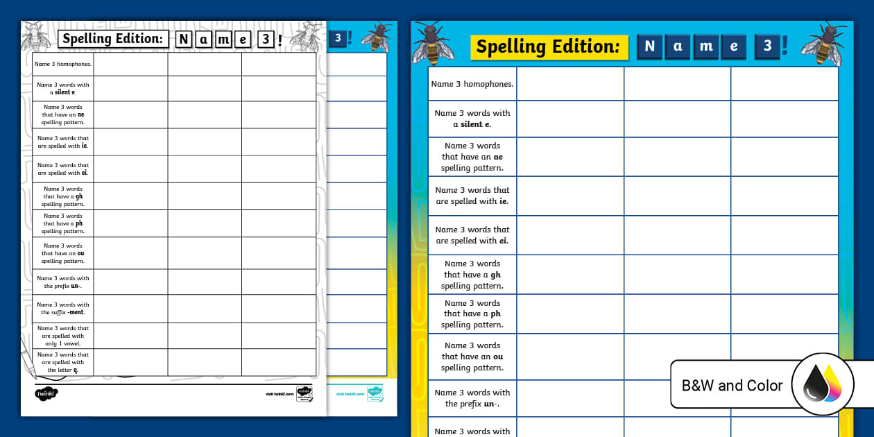Spelling Edition: Name 3 Game for 3rd-5th Grade - Twinkl