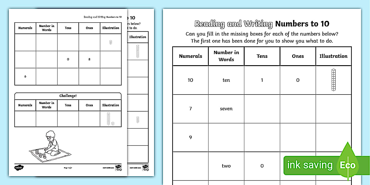 👉 Reading and Writing Numbers to 10 Worksheet - Twinkl