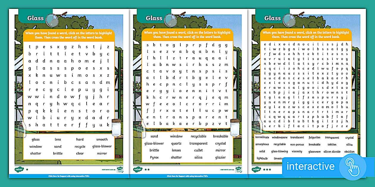 Glass Interactive Word Search | Year 3-4 | Twinkl - Twinkl
