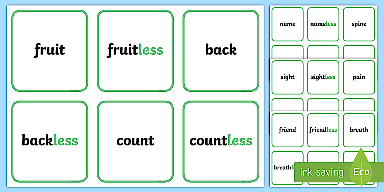 Adding the Suffix -less Matching Cards (teacher made)