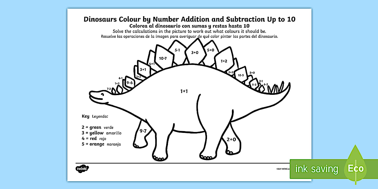 Dinosaurs Colour by Number Addition and Subtraction Up to 10 Worksheet