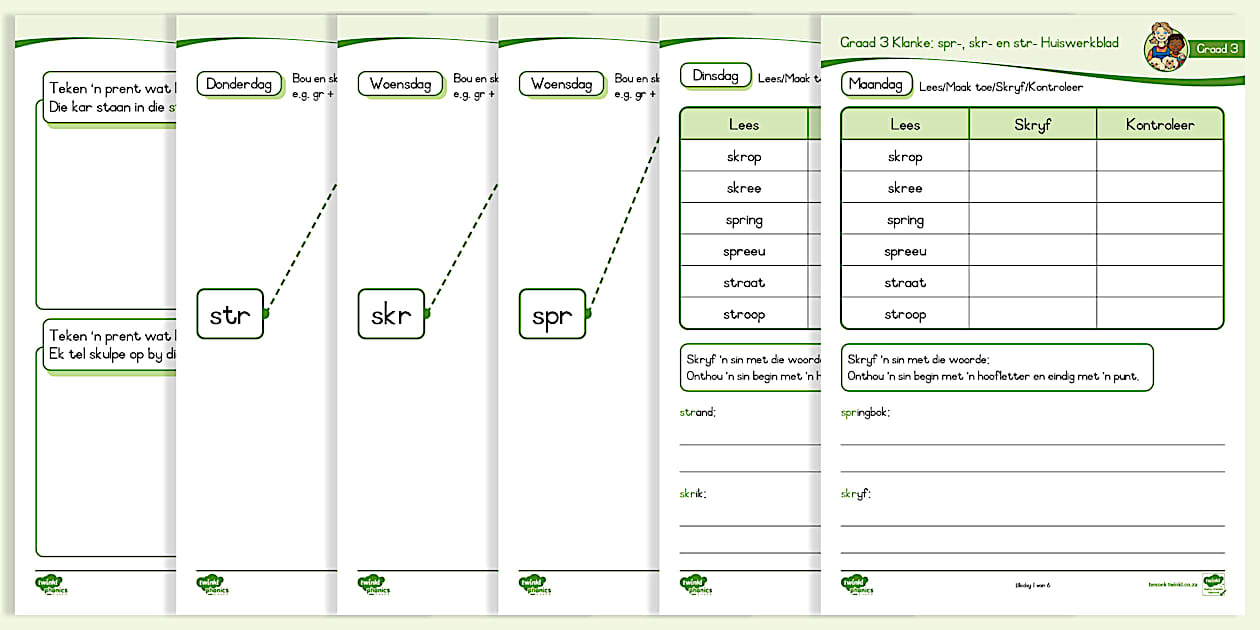 Graad 3 Klanke: Huiswerkblad spr,skr,str - Twinkl