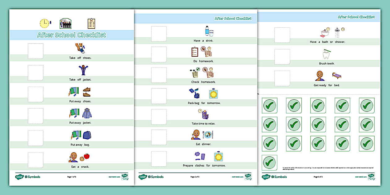 Twinkl Symbols: Older Learners: After School Checklist