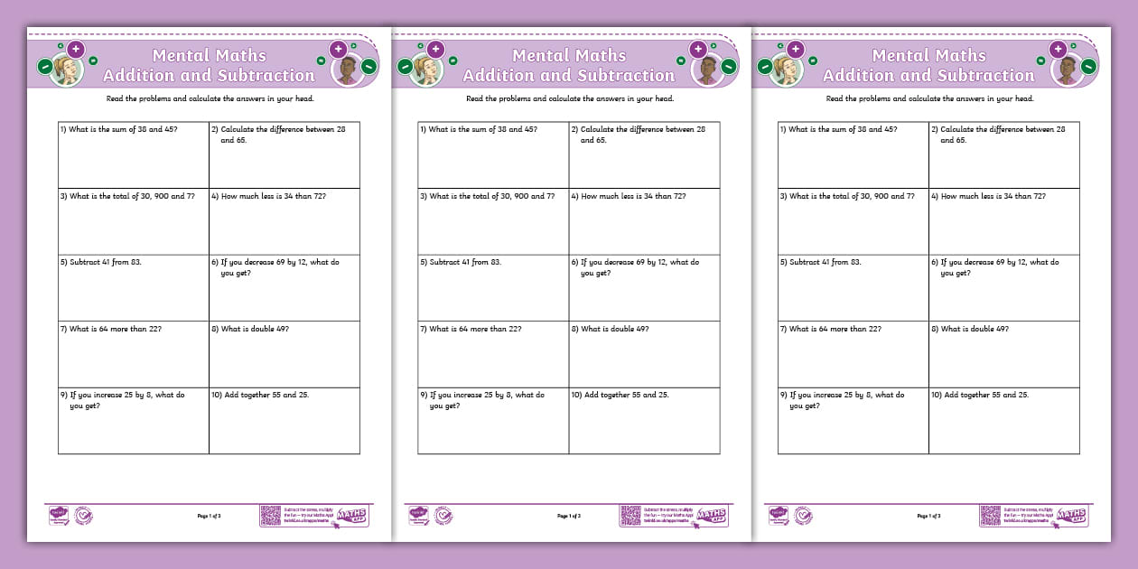 Mental Addition and Subtraction Sums Worksheets - KS2 Maths