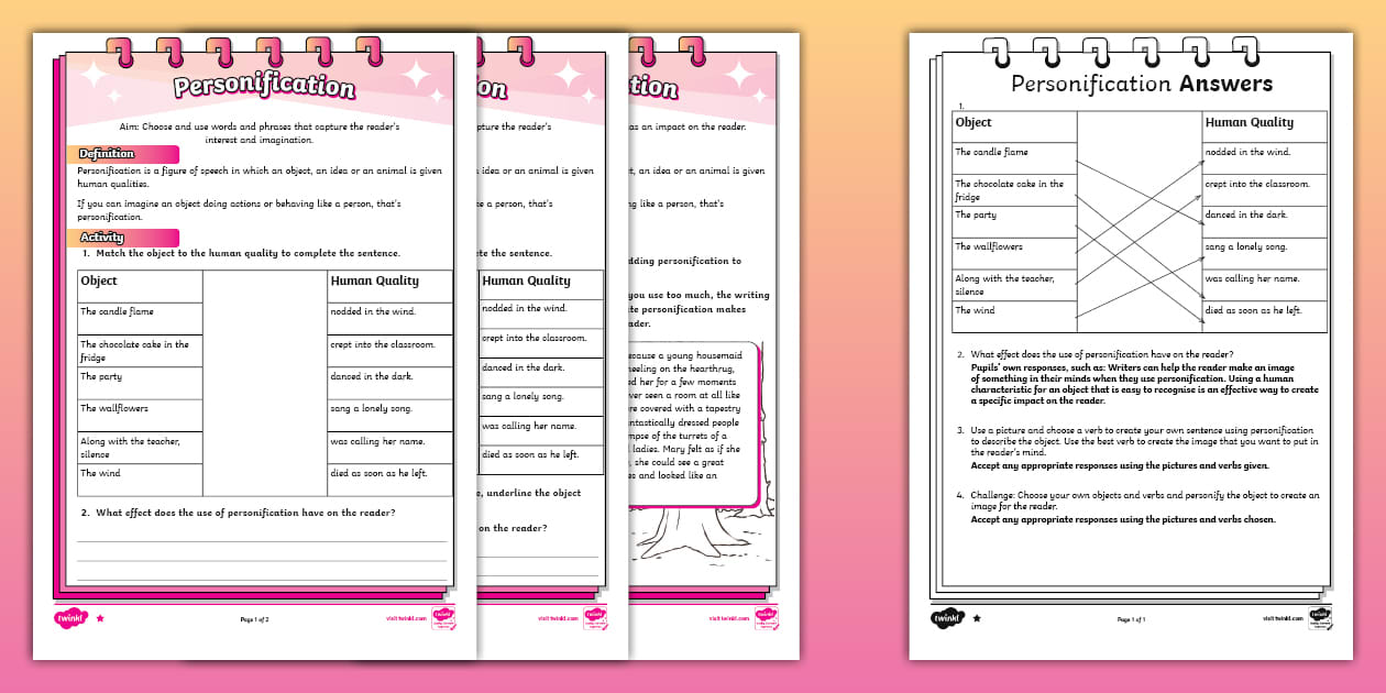 Figurative Language Worksheet - Personification - Year 4-5