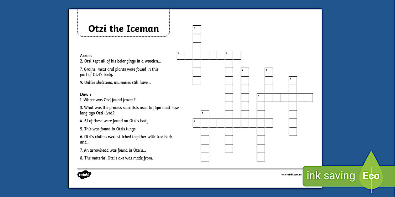 Otzi the Iceman Cross Word - Year 5 Science - Twinkl