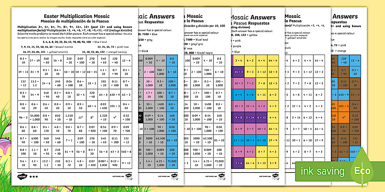 Easter Multiplication Mosaics Differentiated Worksheets English/Spanish