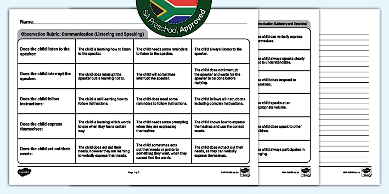 Preschool: Observation Rubric: Communication (teacher made)