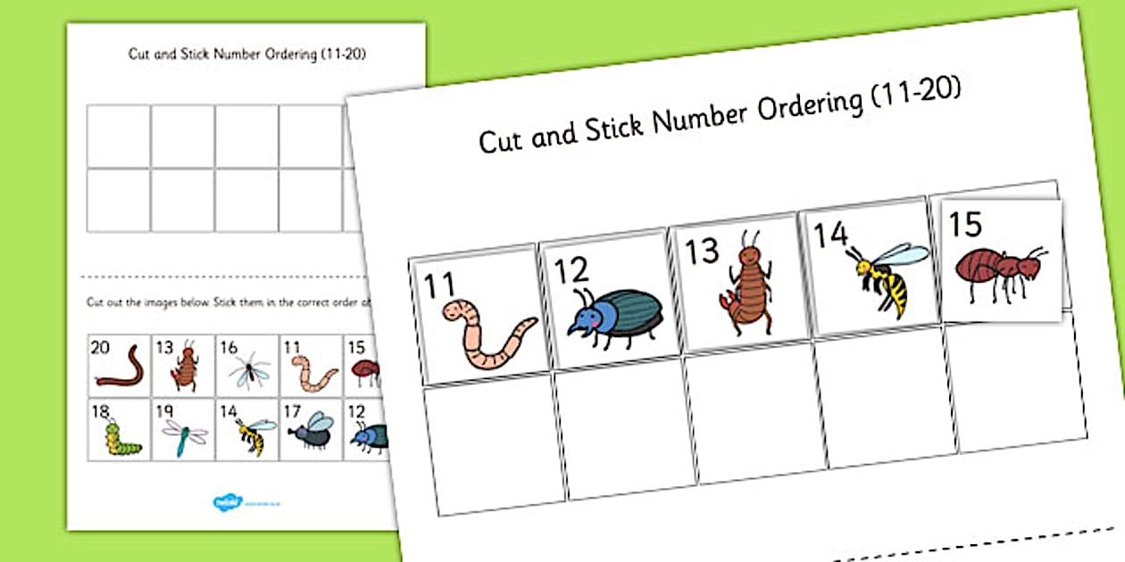Black and White Minibeast Themed Cut and Stick Number Ordering Sheets 11-20