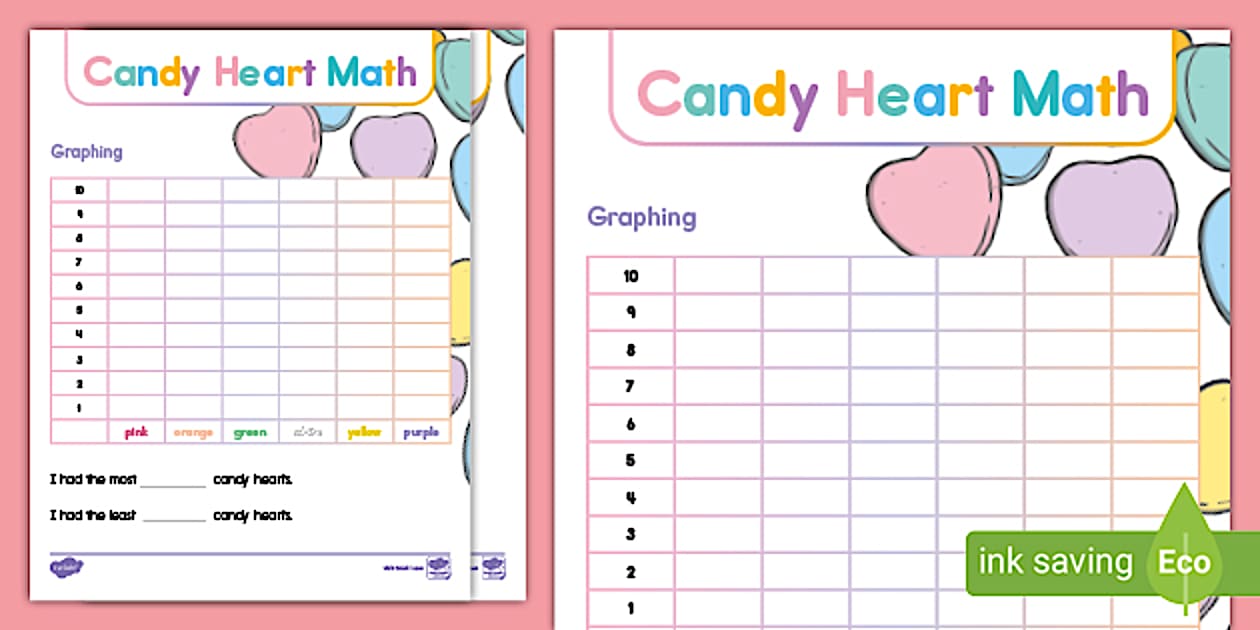 Editable Candy Heart Count and Graph to 10 Math Worksheet for K-2nd Grade
