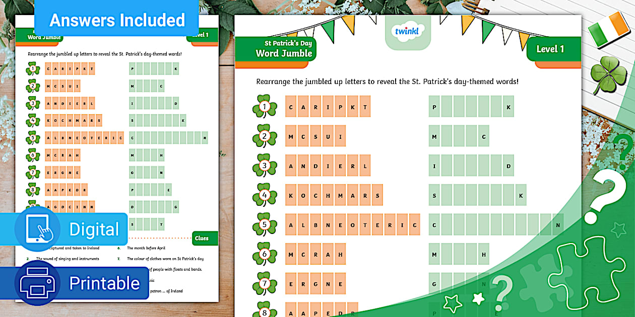St. Patrick's Day Word Jumble Puzzle - L1 - Twinkl - Kids