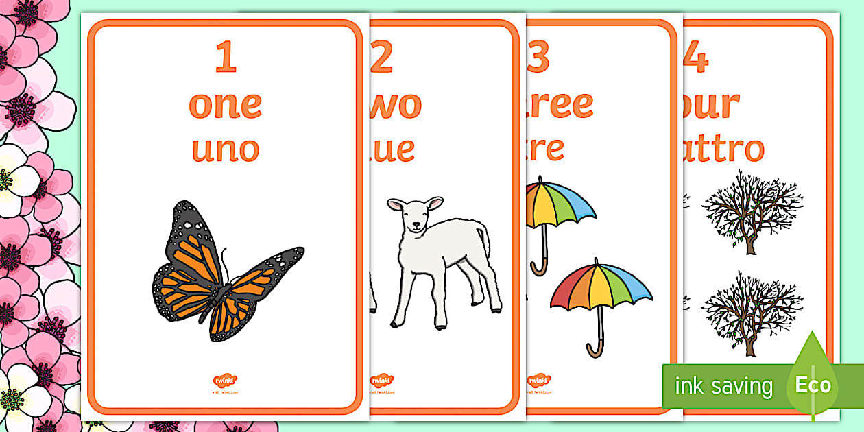 Spring Themed 1 10 Word and Number Posters English/Italian - Winter Themed