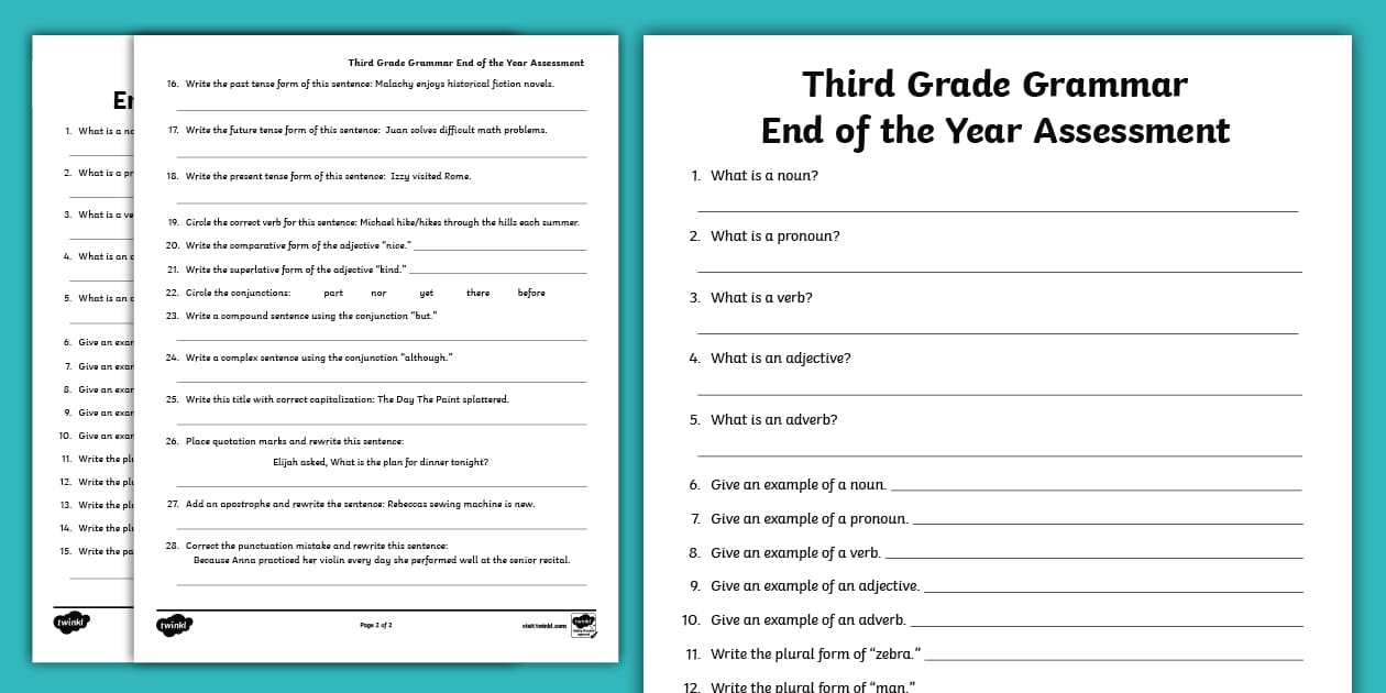 Third Grade End of the Year ELA Grammar Assessment - Twinkl