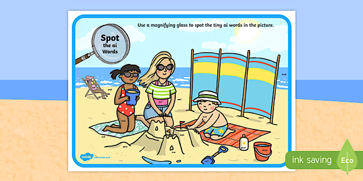 Phase 3 ai Words Beach Scene Magnifying Glass Worksheet / Worksheet ...