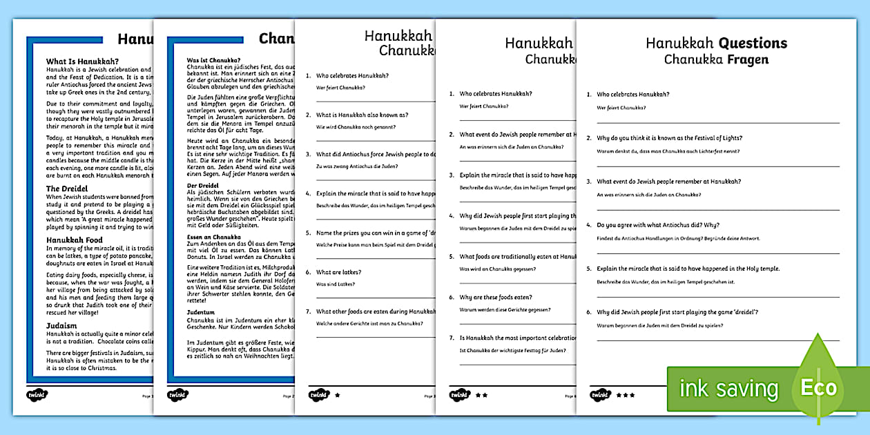 Hanukkah Differentiated Reading Comprehension Activity English/German