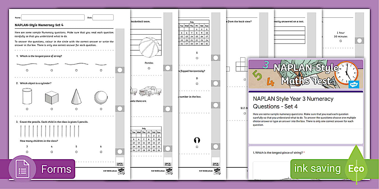 NAPLAN Style Numeracy Year 3 Example Test Set 4 Exam Questions