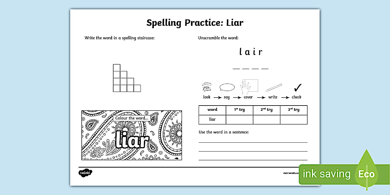 Liar Spelling Practice Worksheet (teacher made) - Twinkl