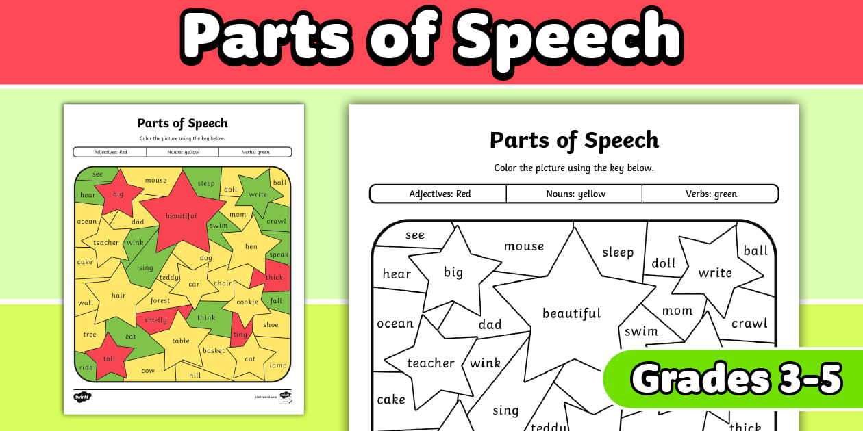 Parts of Speech Coloring Worksheet for 3rd-5th Grade