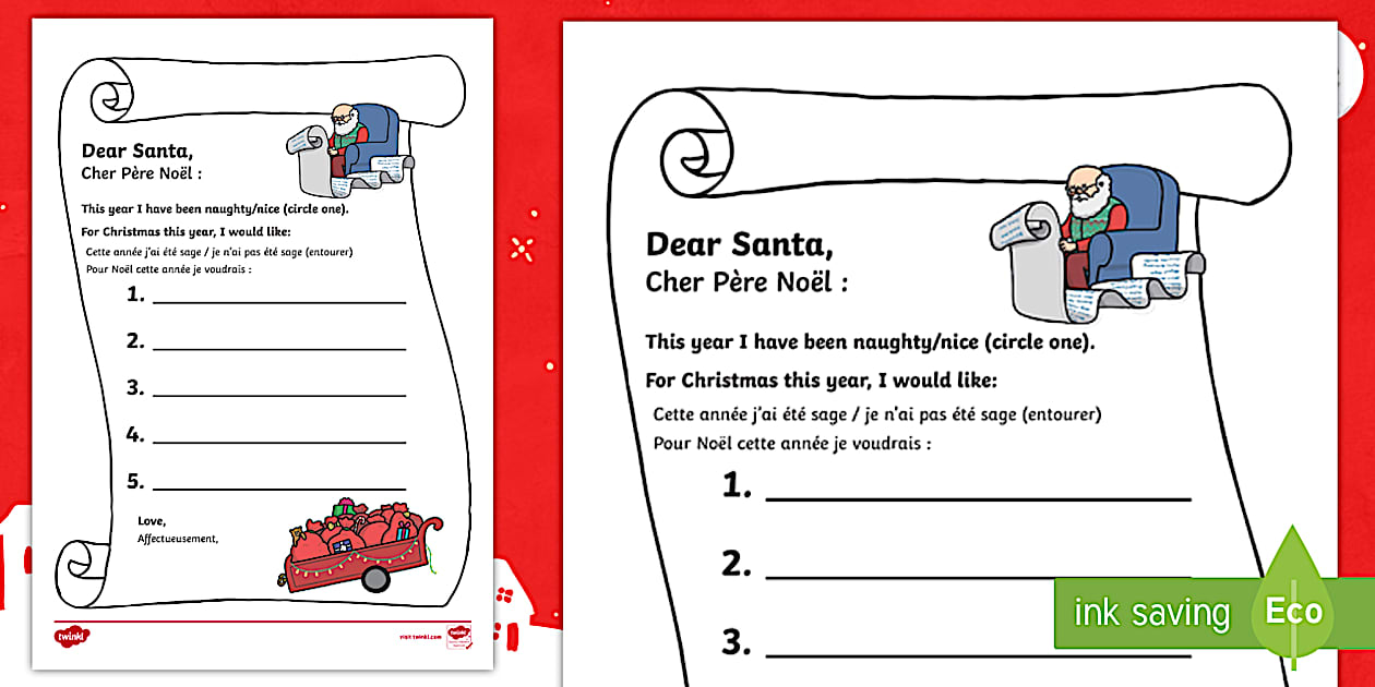 Letter to Santa Present List Writing Frame English/French