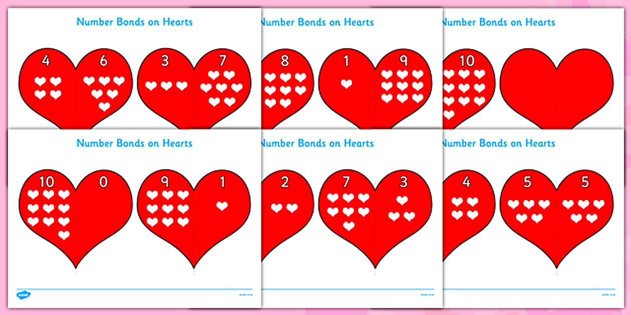 Saint Dwynwen's Day Number Bonds to 10 on Hearts - Twinkl