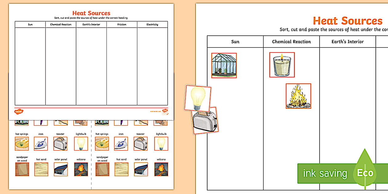 Heat Sources Sorting Worksheet / Worksheet - Twinkl