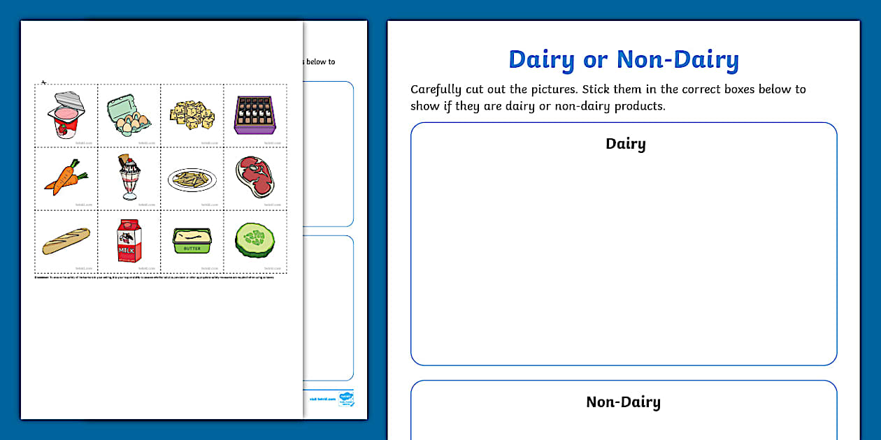 Dairy or Non-Dairy Sorting Activity Sheet - KS1 - Twinkl