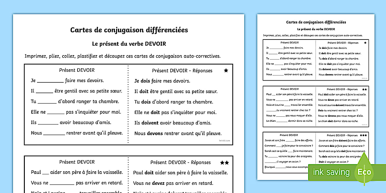 Cartes de conjugaison : DEVOIR au présent - Twinkl