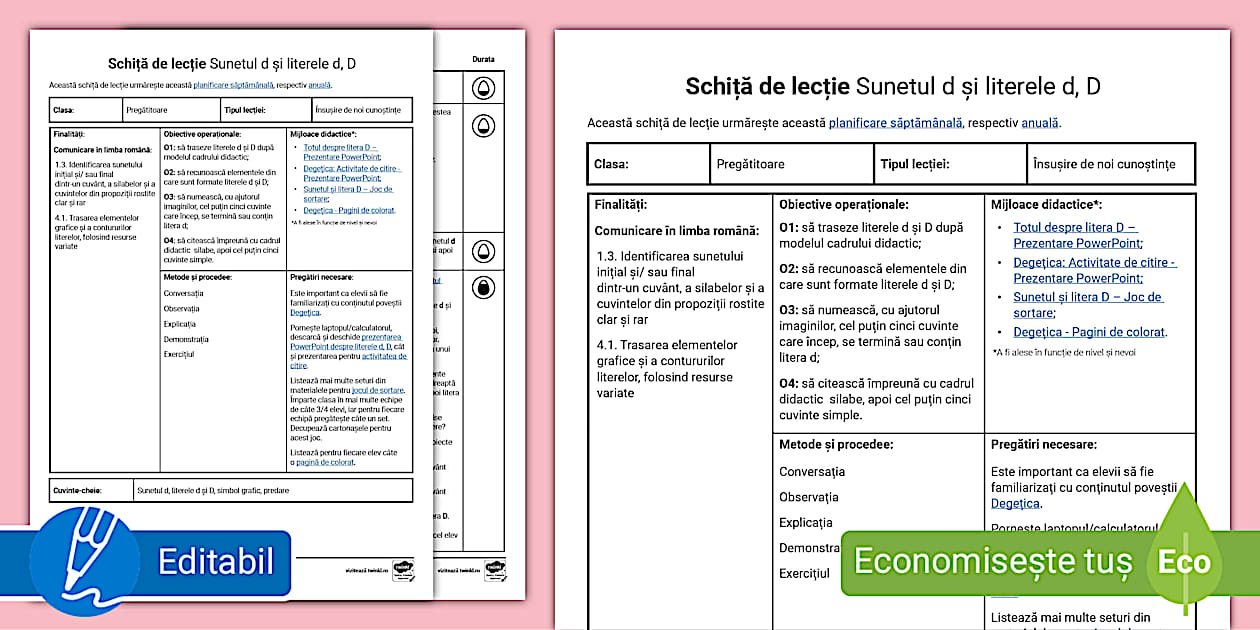 Sunetul d și literele d, D: Predare – Schiță de lecție