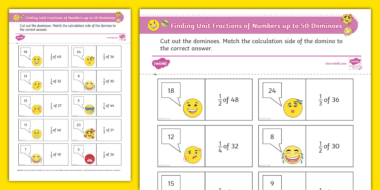 👉 Finding Unit Fractions of Numbers up to 50 Emoticon Dominoes