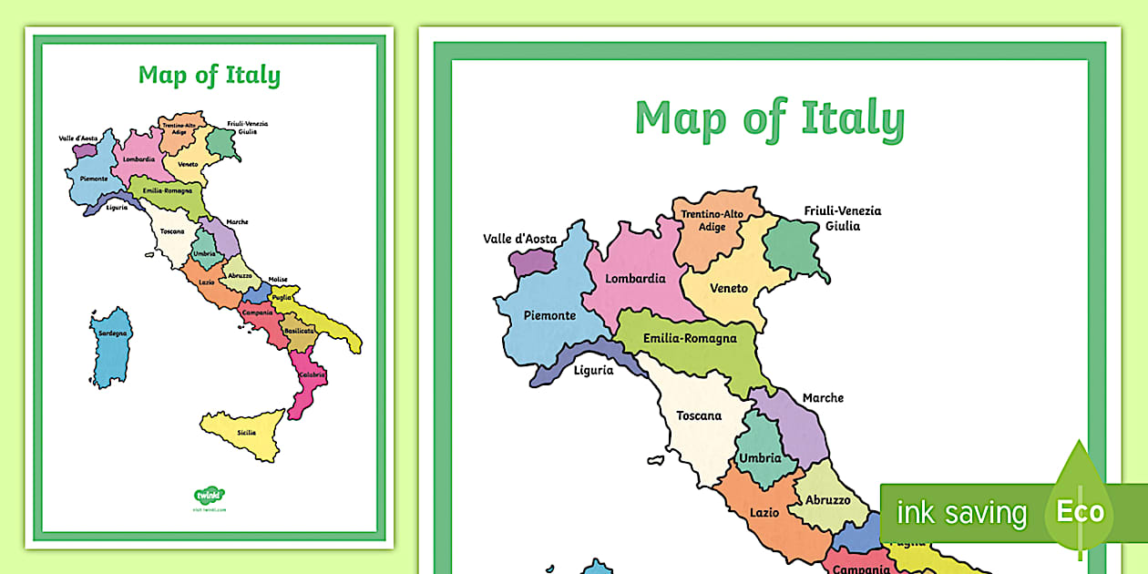 Regions of Italy Map (in Italian) | Twinkl Display Resource