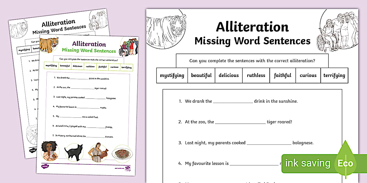 Alliteration Missing Word Sentences Worksheet (teacher made)