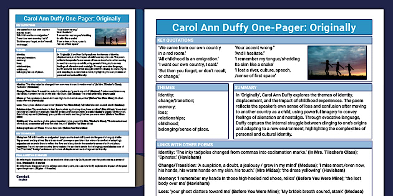 Carol Ann Duffy One-Pager: Originally