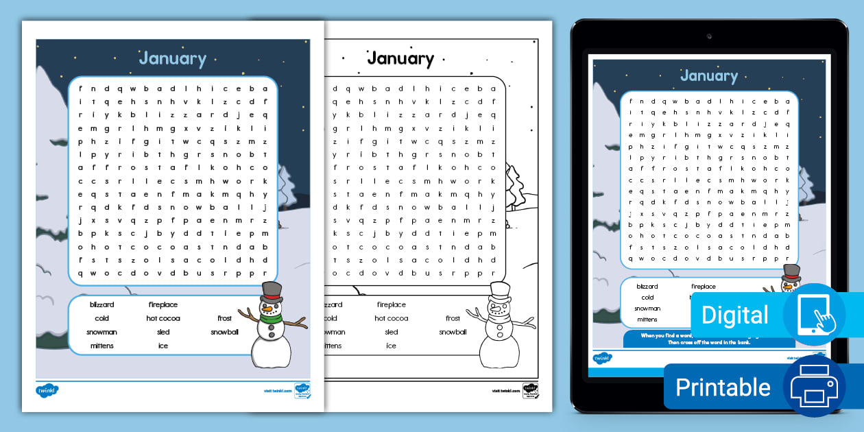 January Word Search for K-2nd Grade (Teacher-Made) - Twinkl