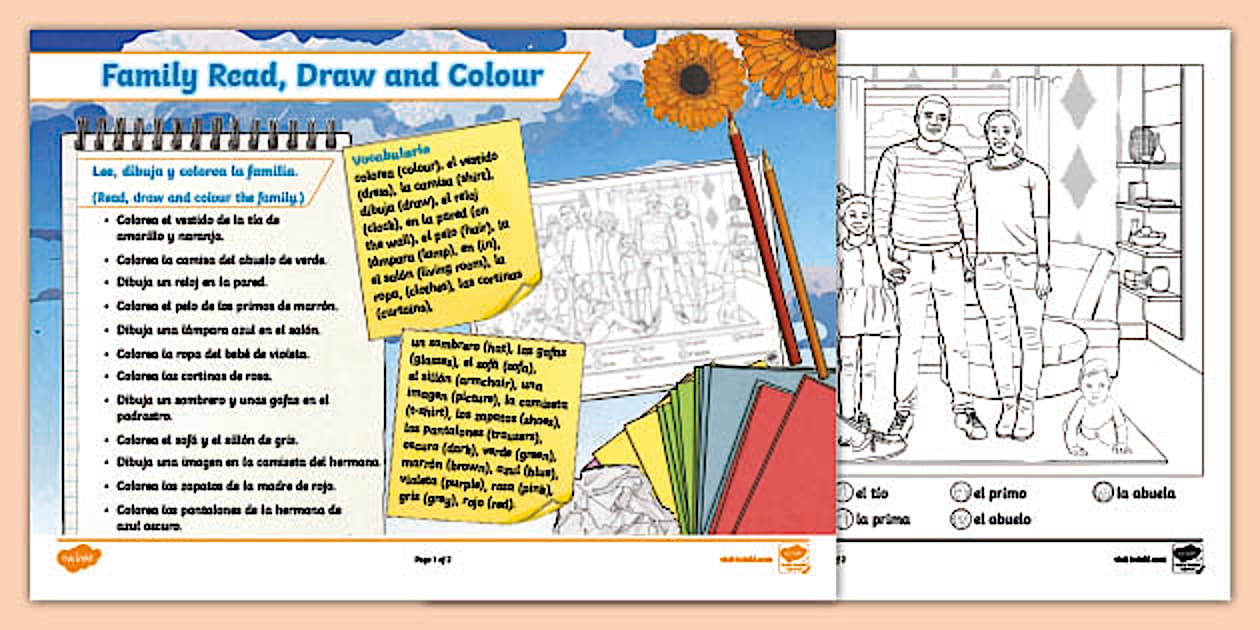 👉 Spanish: Family Read, Draw and Colour Worksheet - Twinkl