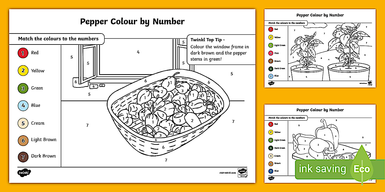 Pepper Colour-by-Number Pages | Twinkl | Vegetables | KS1