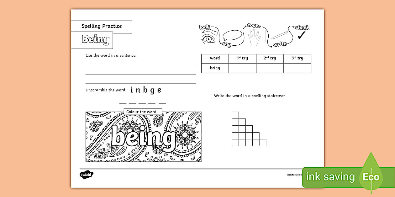 Being Spelling Practice Worksheet (teacher made) - Twinkl
