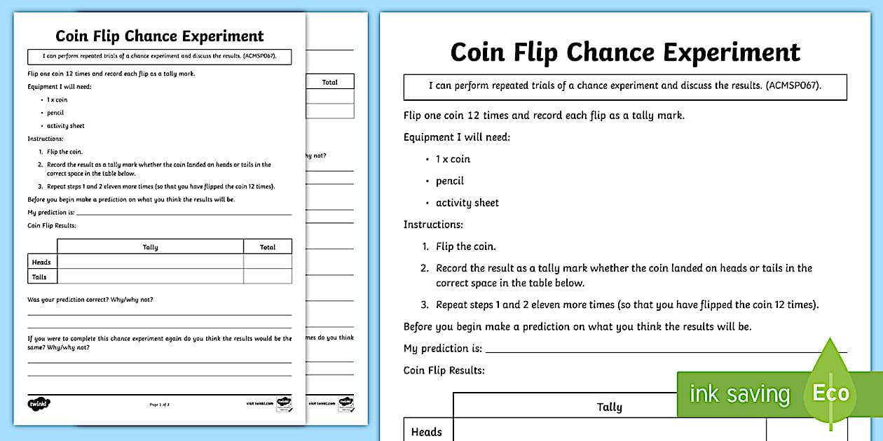 Editable Coin Flip Chance Experiment Worksheet - Twinkl