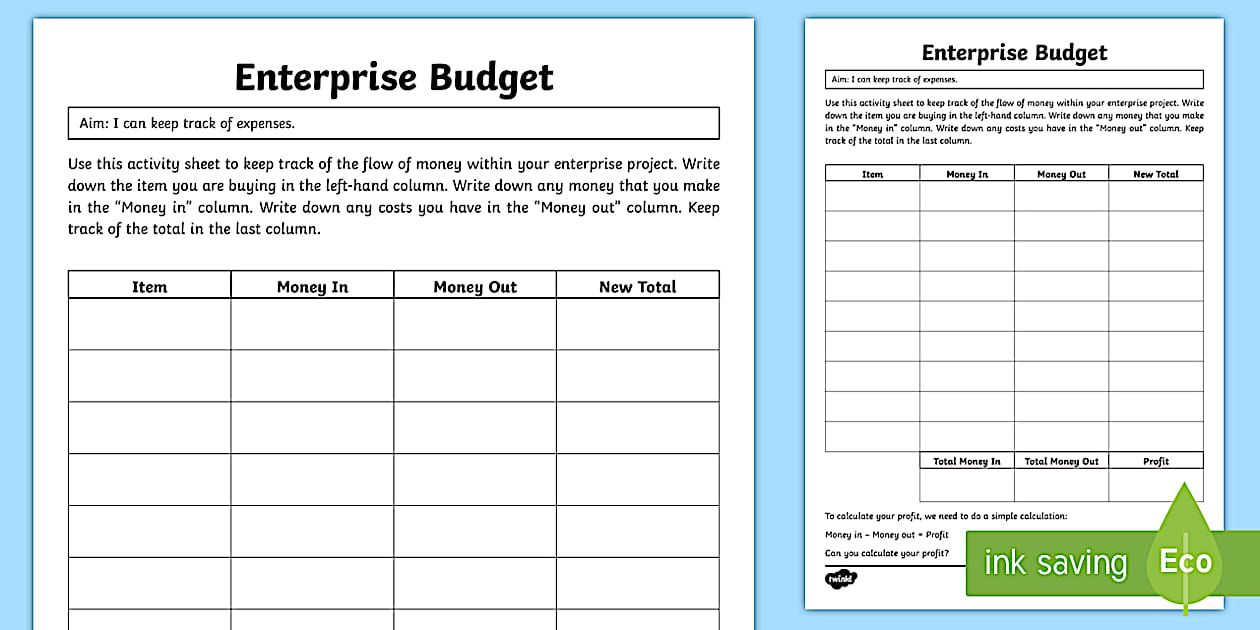 Enterprise Budget Worksheet / Worksheet - Twinkl
