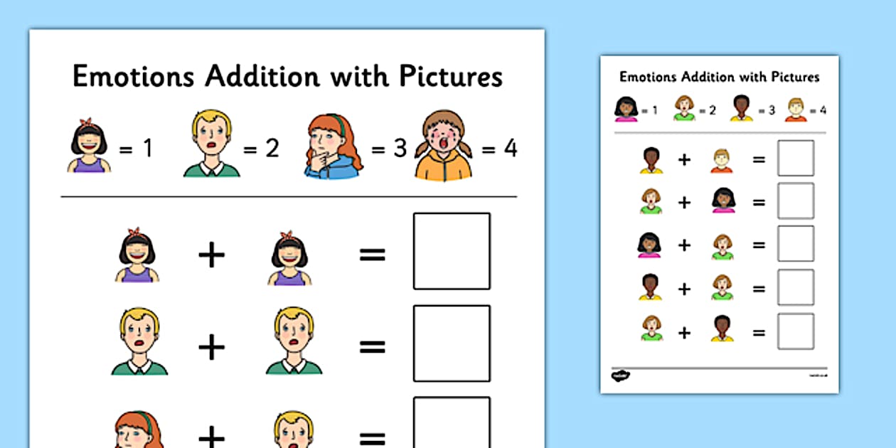 Black and White Emotions Themed Addition with Pictures Worksheet Pack