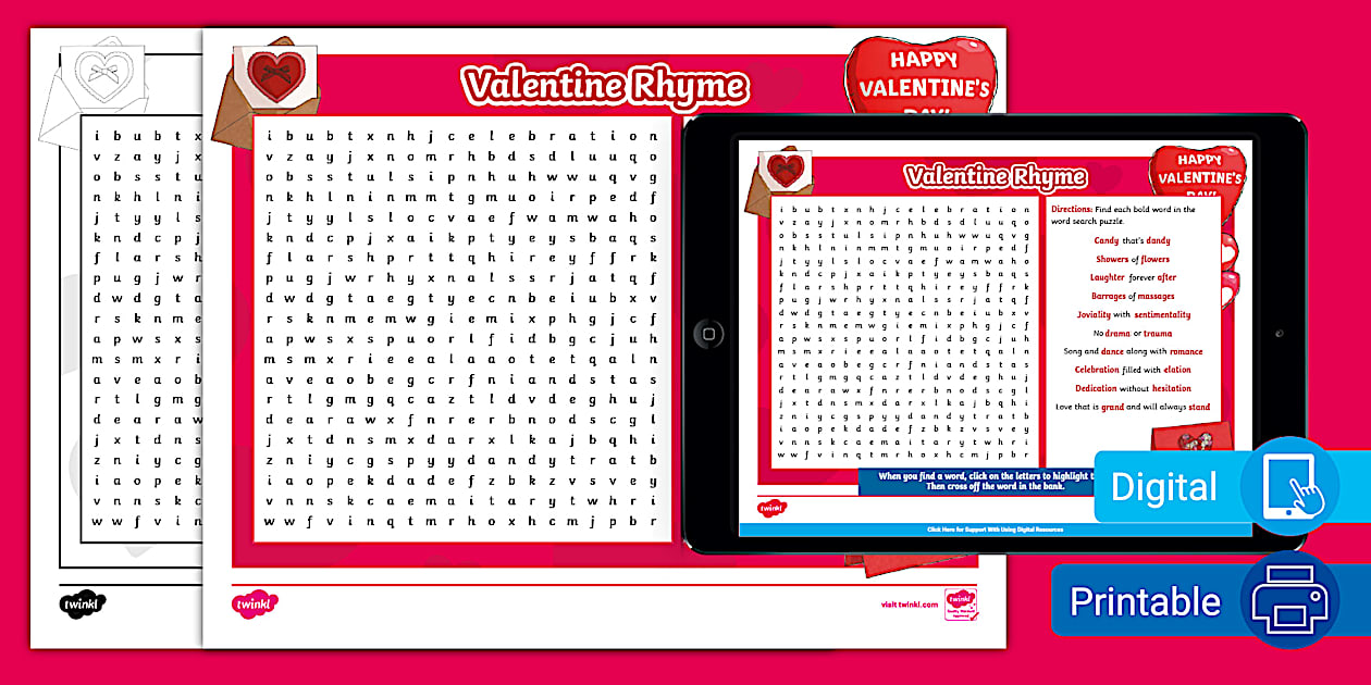 Eighth Grade Valentine Rhymes Word Search | Twinkl USA