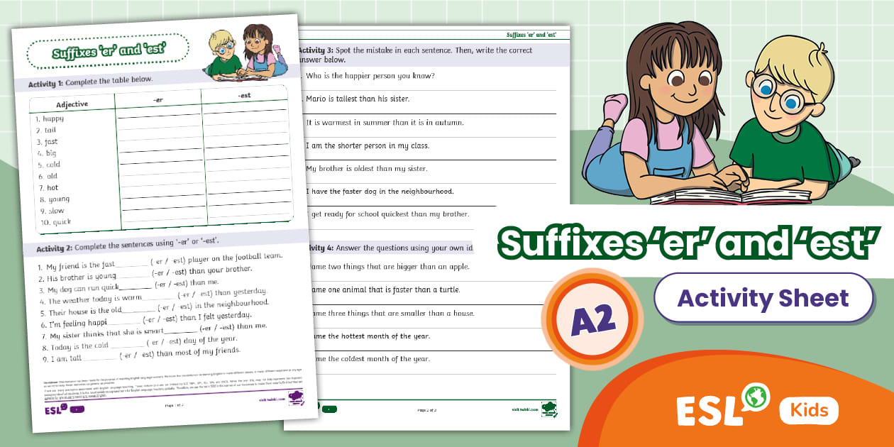 ESL Suffixes 'er' and 'est' Activity Sheet {Kids}