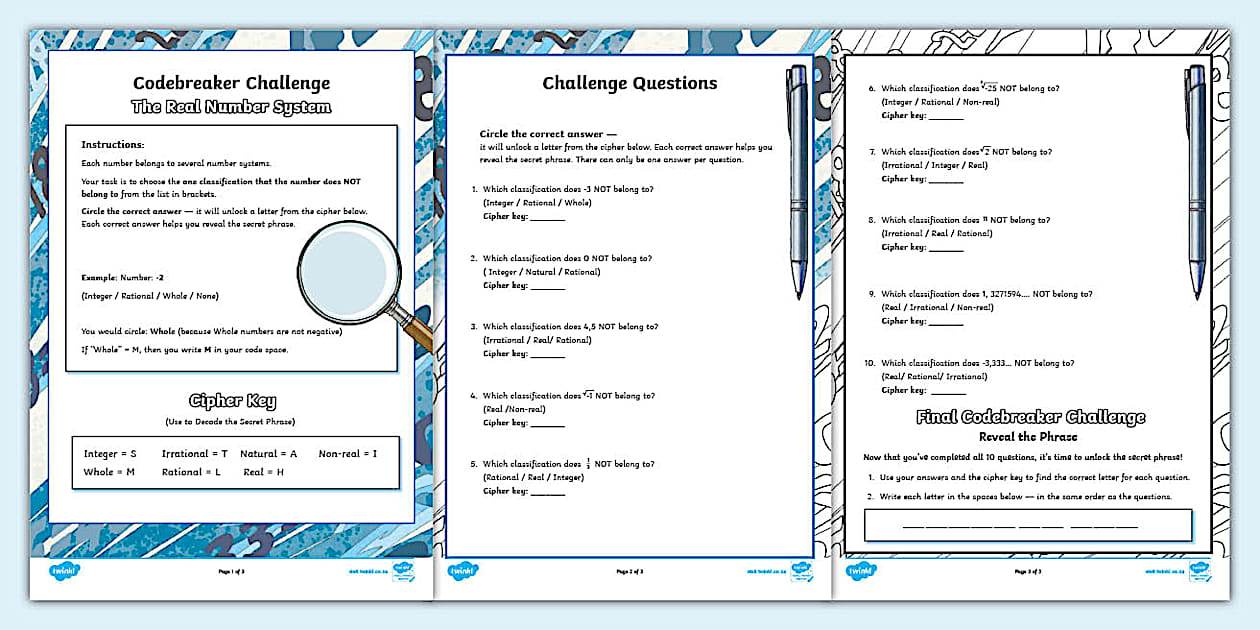 Real Number System Codebreaker Challenge Worksheet - Twinkl