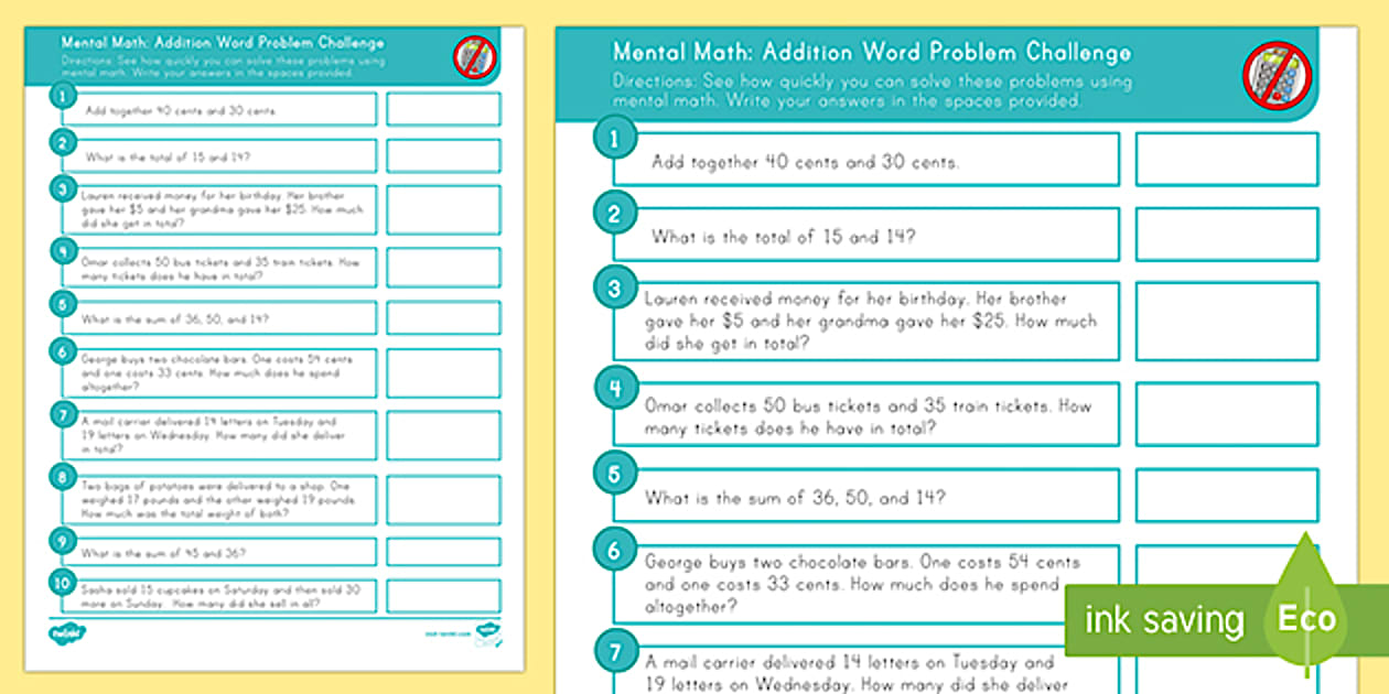 Mental Math Addition Word Problem Challenge (teacher made)