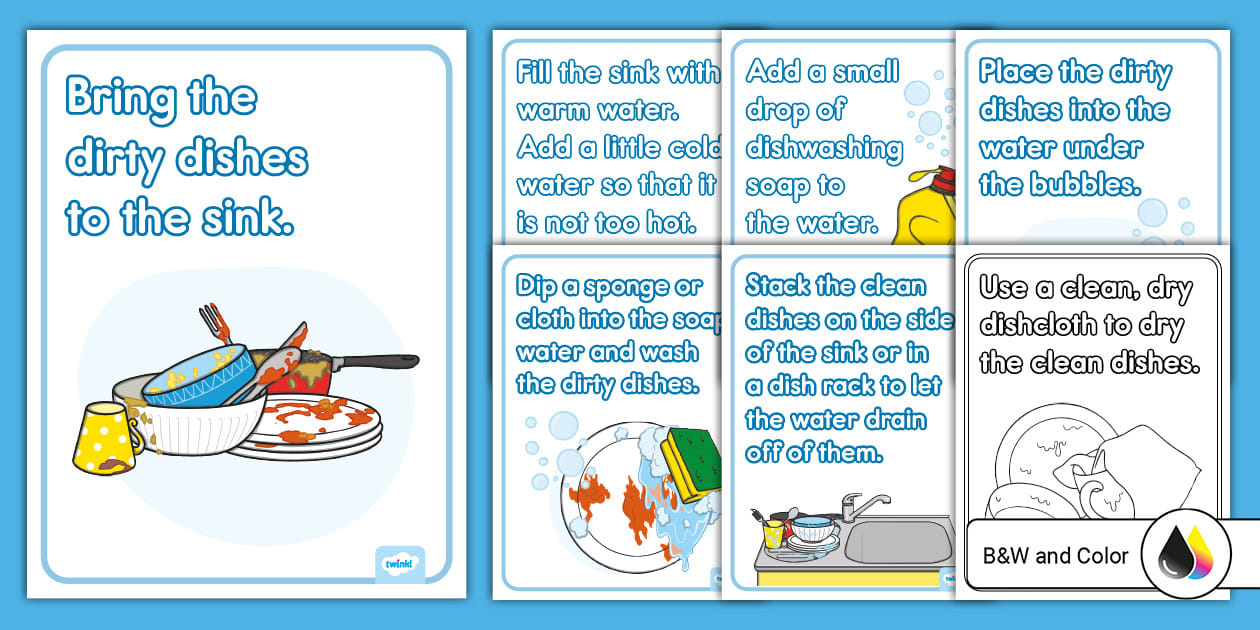 How to Wash Dishes Posters (teacher made) - Twinkl